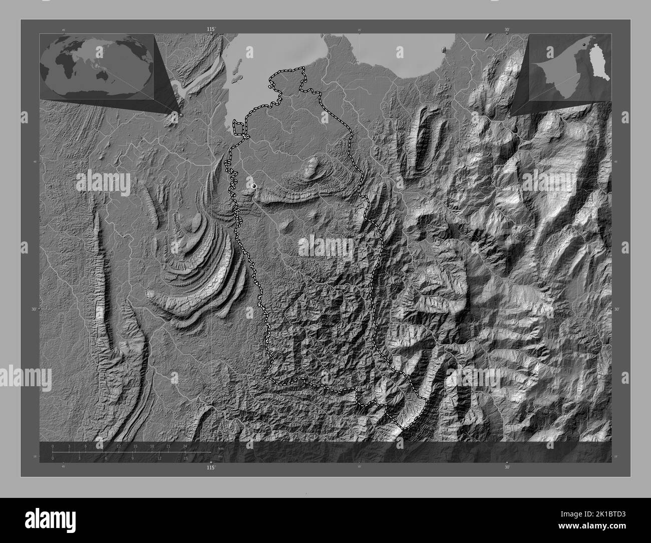 Temburong, district of Brunei. Bilevel elevation map with lakes and ...