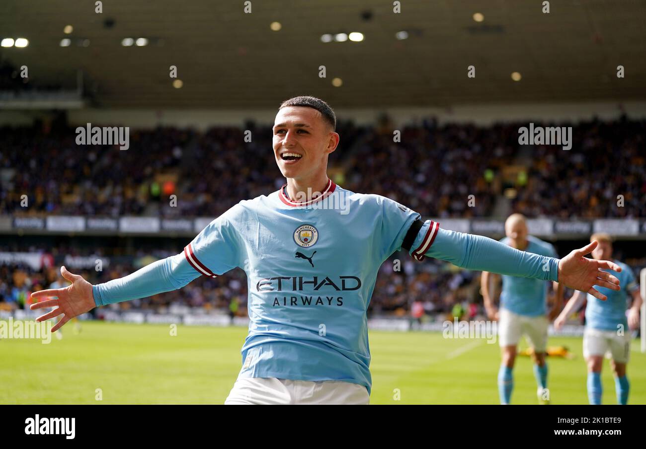 Manchester City's Phil Foden celebrates scoring their side's third goal ...