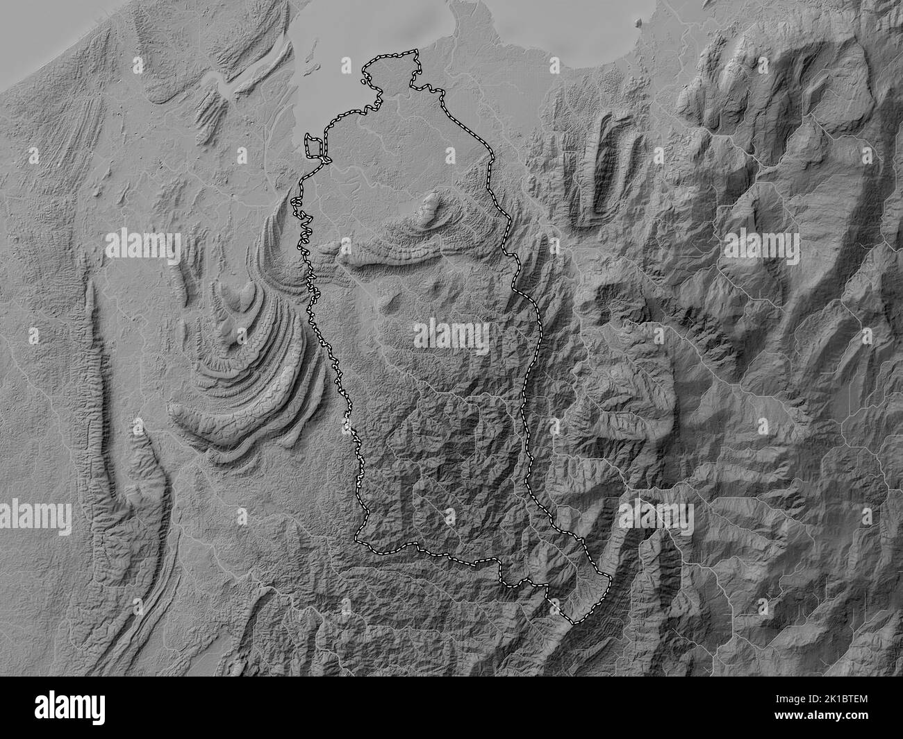 Temburong, district of Brunei. Grayscale elevation map with lakes and ...