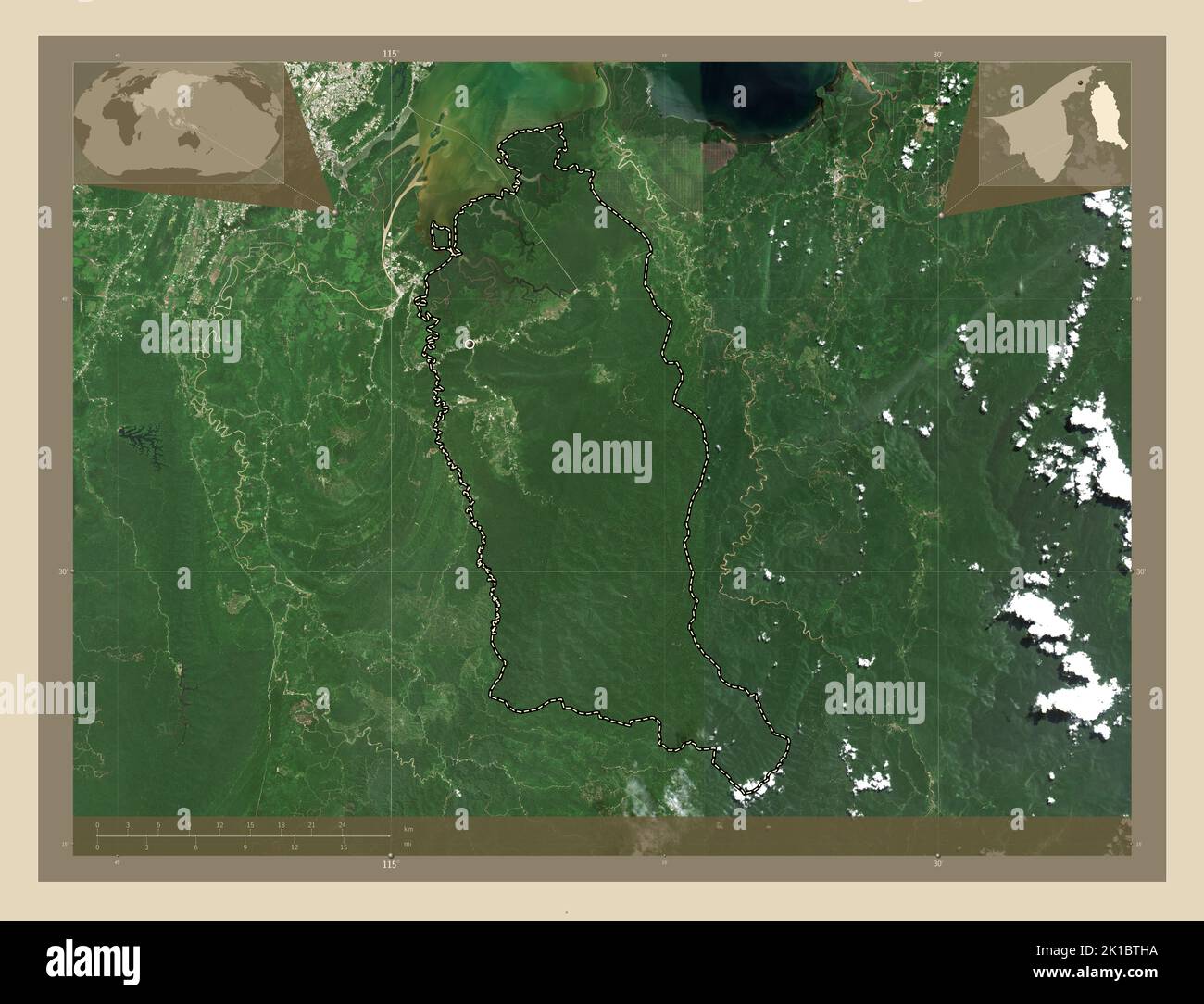 Temburong, district of Brunei. High resolution satellite map. Locations ...