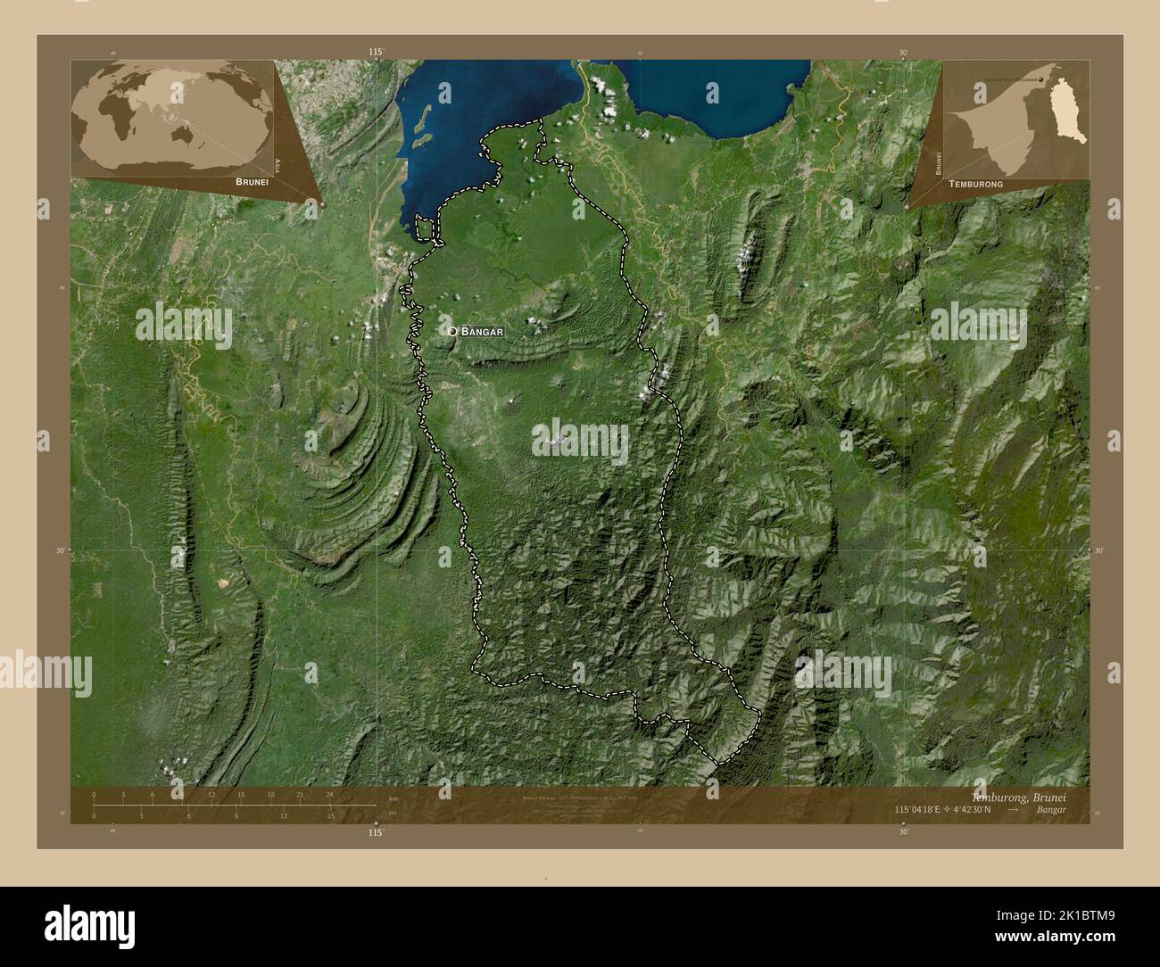 Temburong, district of Brunei. Low resolution satellite map. Locations ...