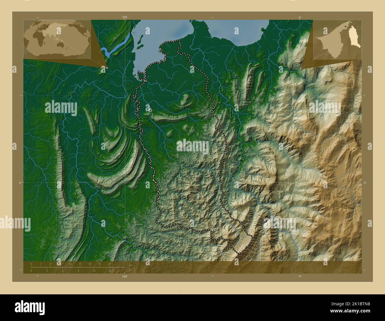 Temburong, district of Brunei. Colored elevation map with lakes and ...