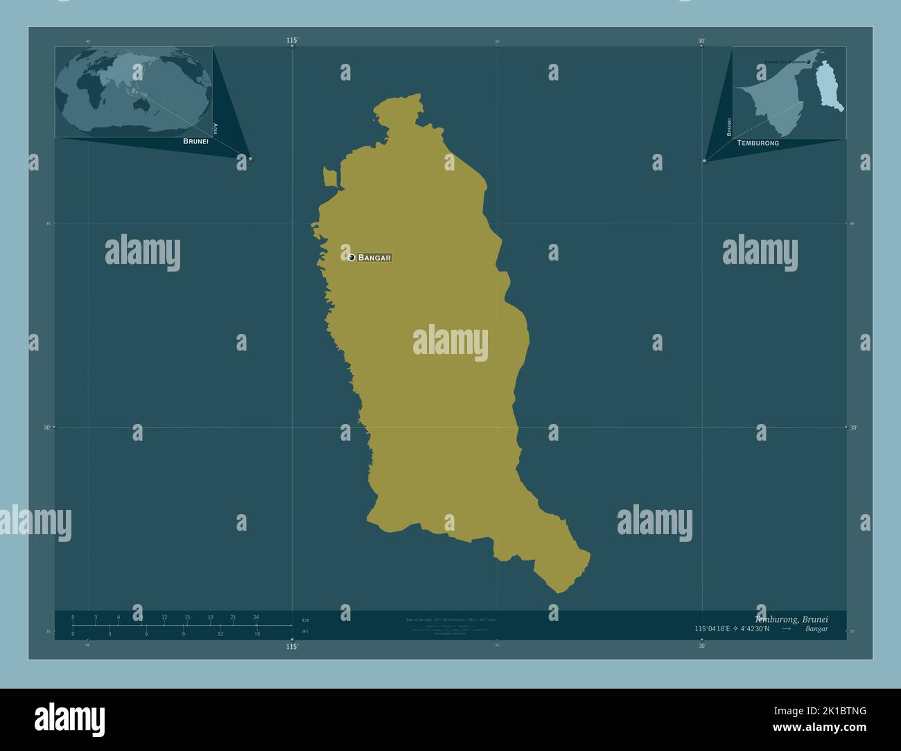Temburong, district of Brunei. Solid color shape. Locations and names ...