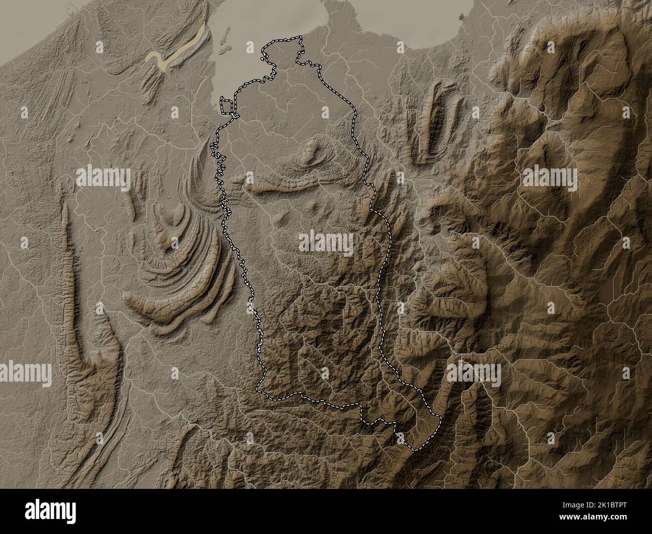 Temburong, district of Brunei. Elevation map colored in sepia tones ...