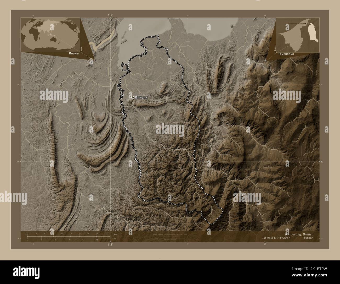 Temburong, district of Brunei. Elevation map colored in sepia tones ...