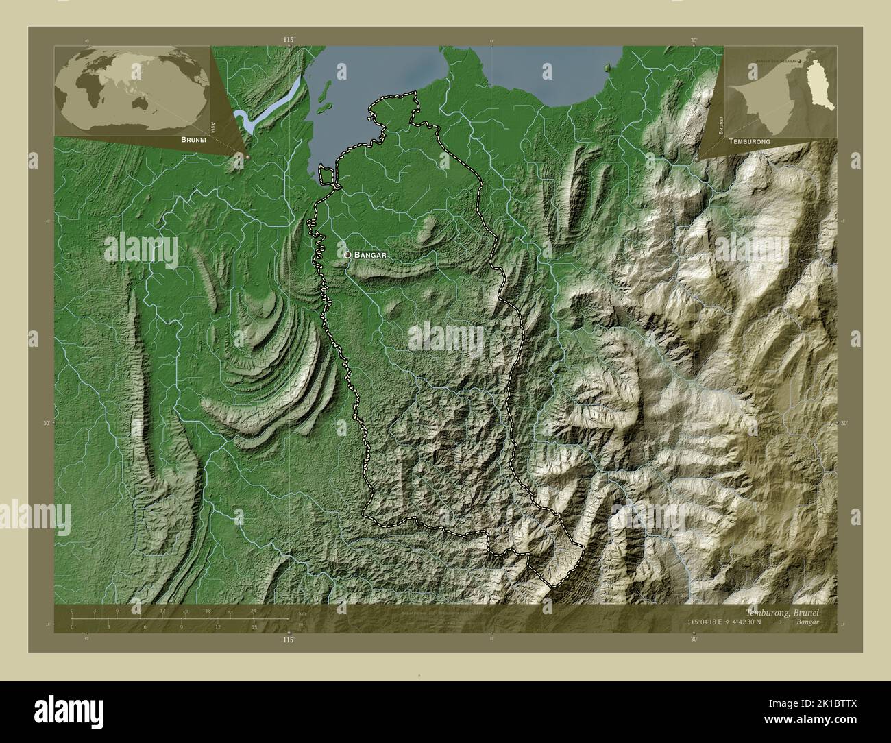 Temburong, district of Brunei. Elevation map colored in wiki style with ...