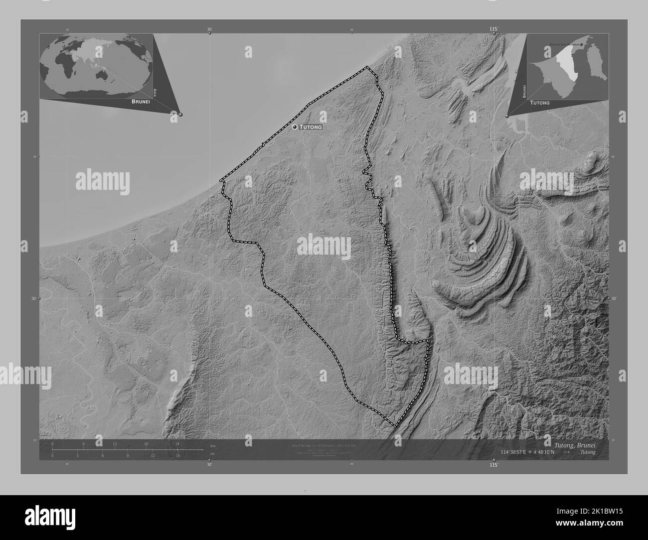 Tutong, district of Brunei. Grayscale elevation map with lakes and ...