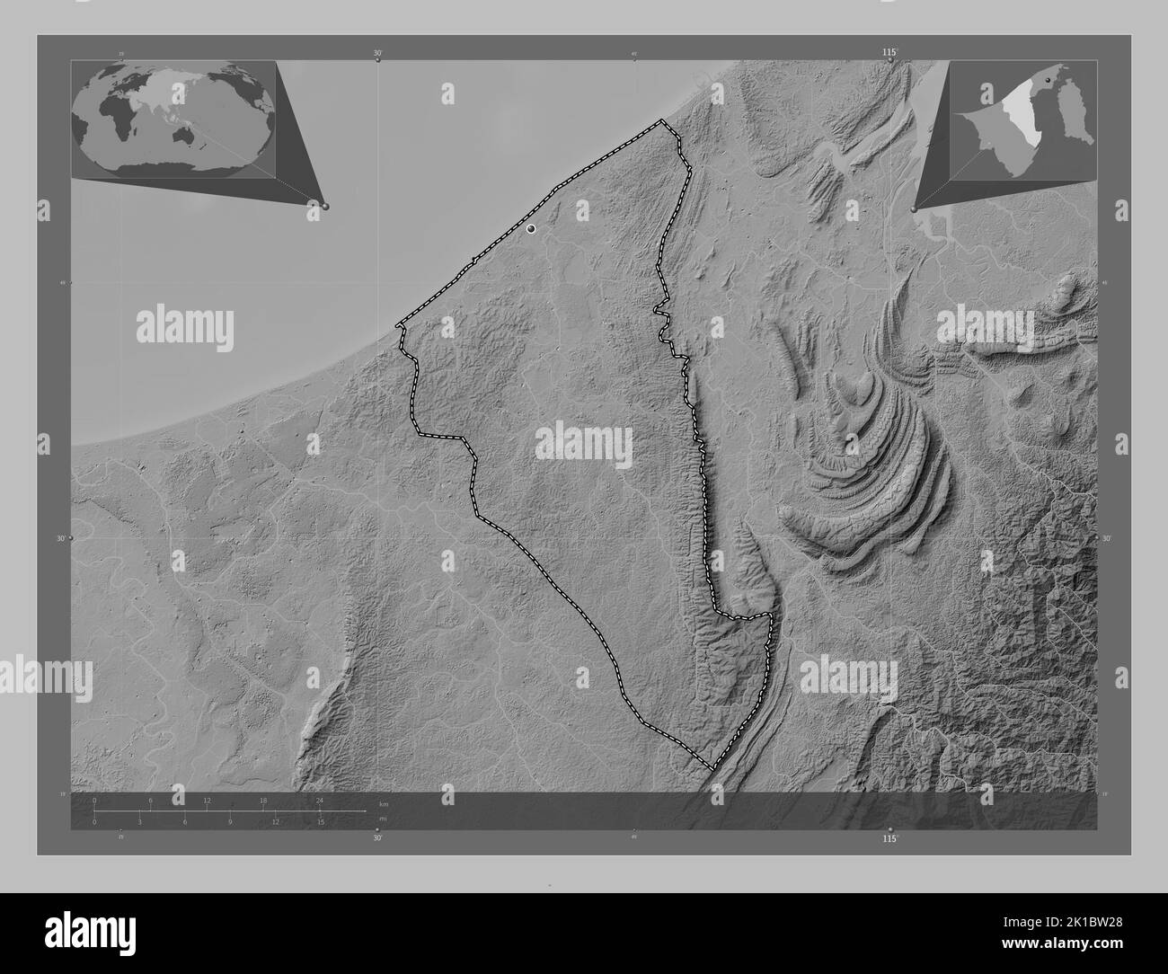 Tutong, district of Brunei. Grayscale elevation map with lakes and ...