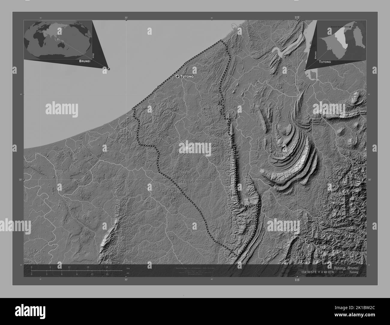 Tutong, district of Brunei. Bilevel elevation map with lakes and rivers ...