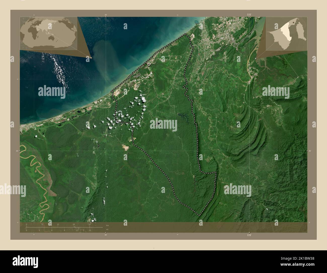 Tutong, district of Brunei. High resolution satellite map. Corner ...