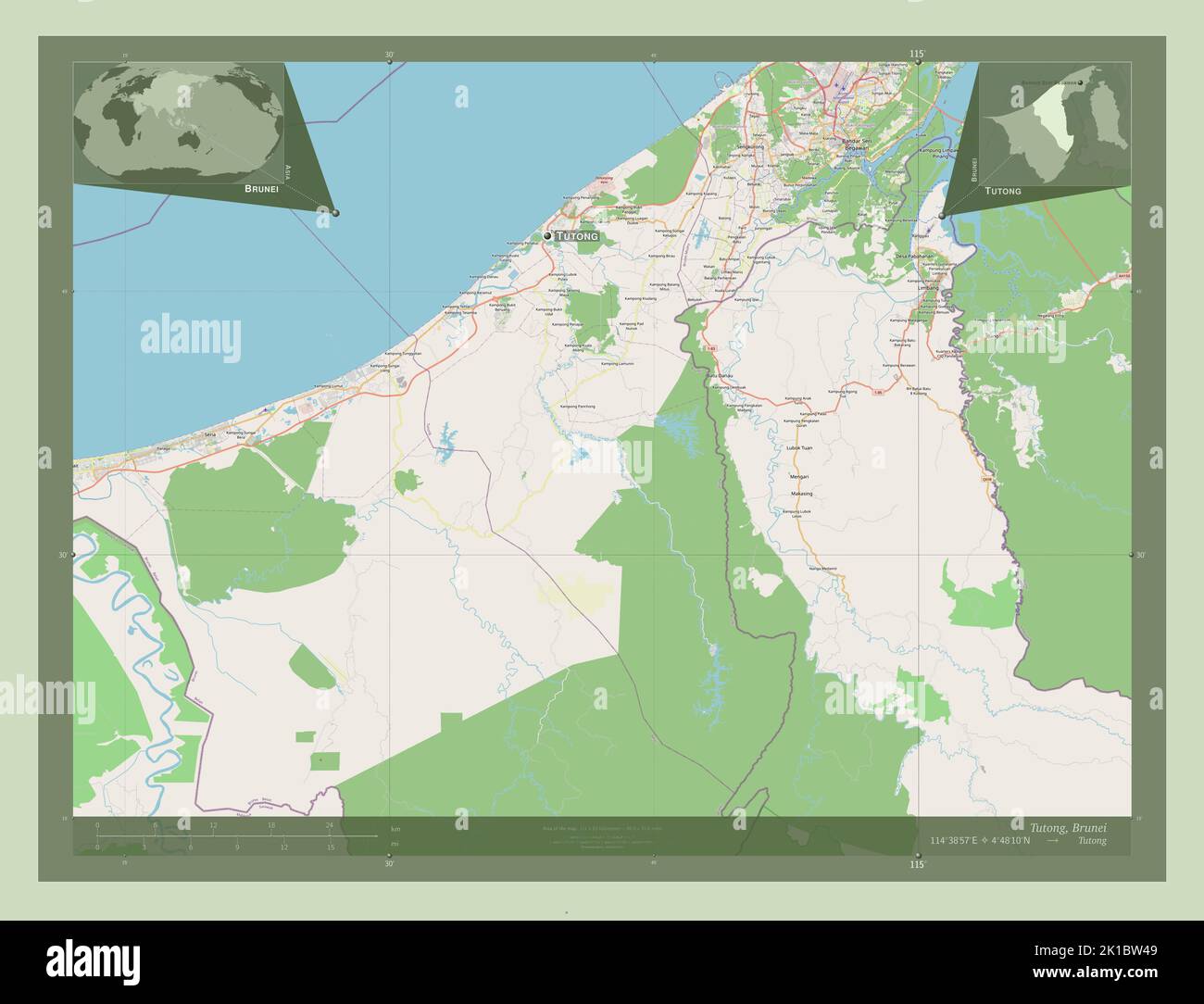 Tutong, district of Brunei. Open Street Map. Locations and names of ...