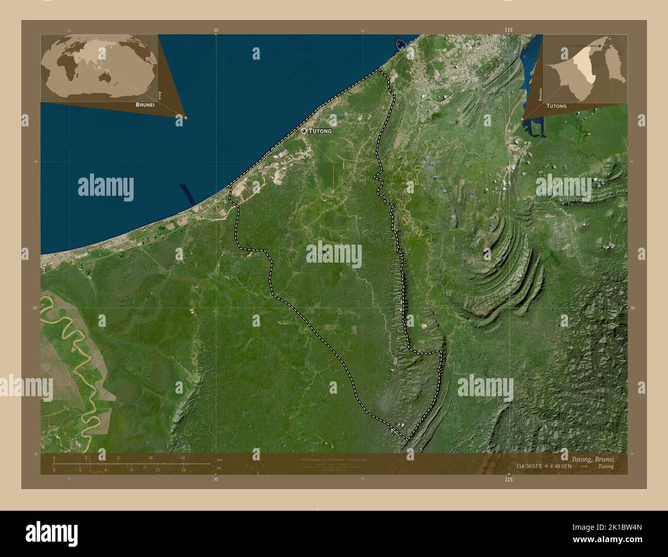 Tutong, district of Brunei. Low resolution satellite map. Locations and ...