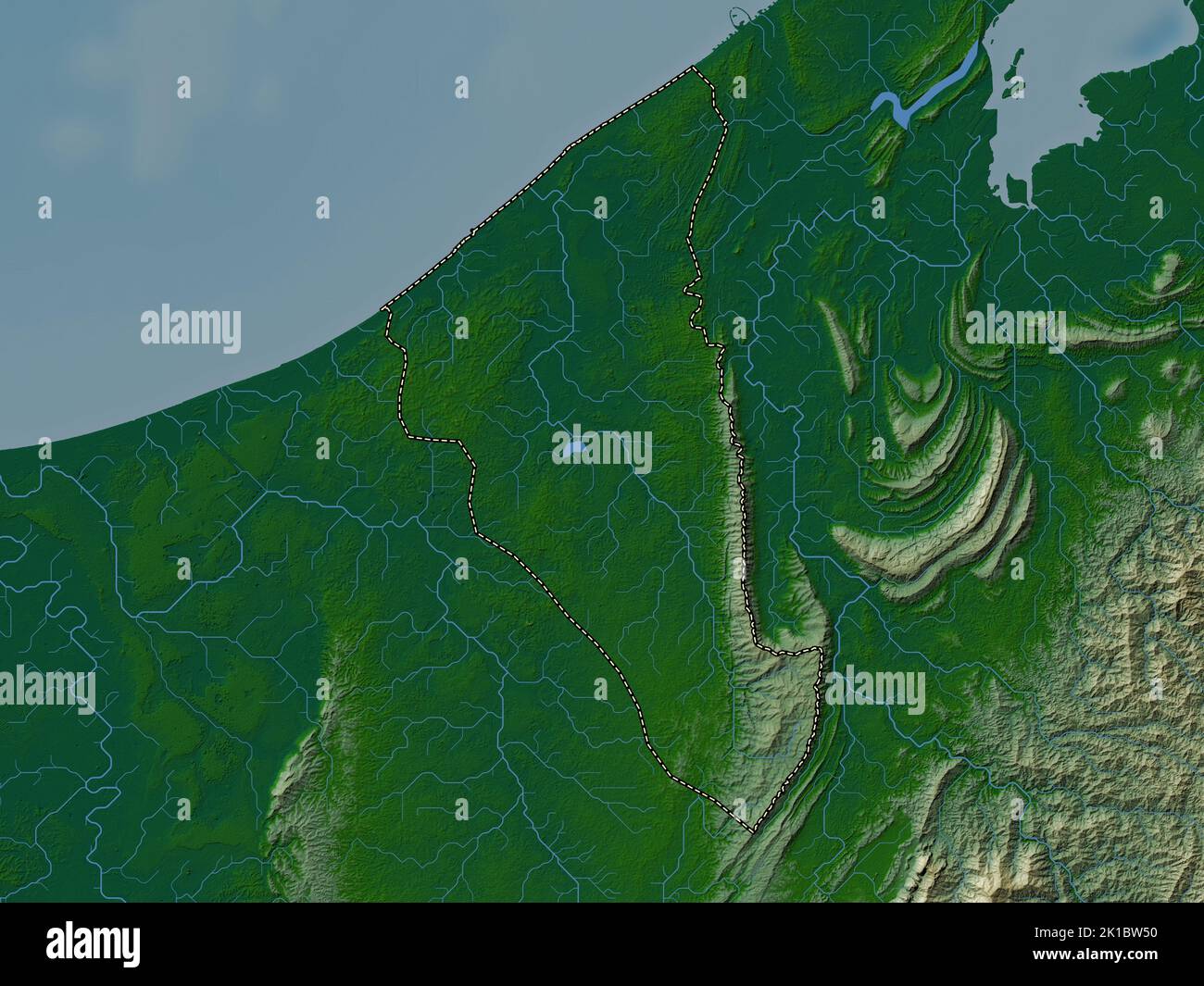 Tutong, district of Brunei. Colored elevation map with lakes and rivers ...