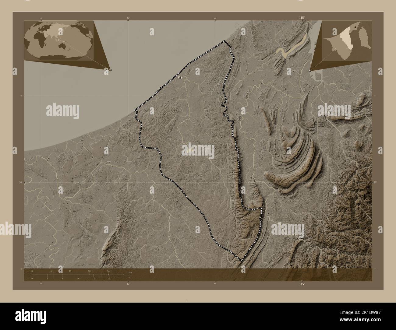 Tutong, district of Brunei. Elevation map colored in sepia tones with ...