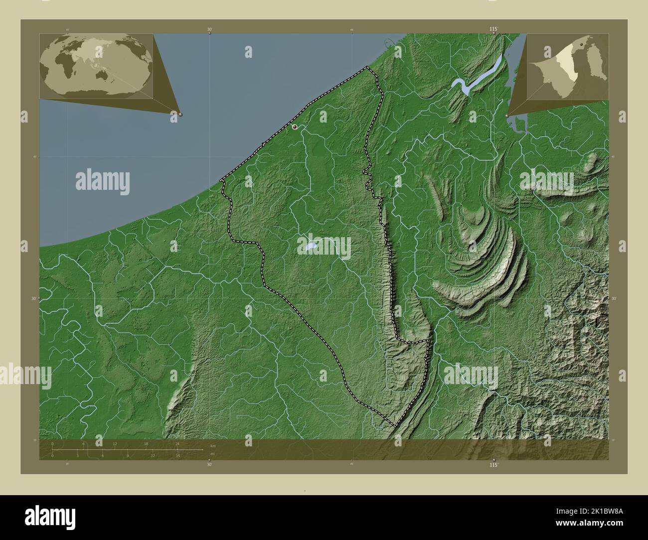 Tutong, district of Brunei. Elevation map colored in wiki style with ...