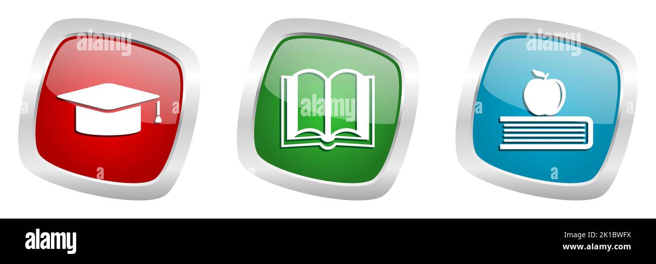Education vector icons, graduation, book and apple silver metallic ...