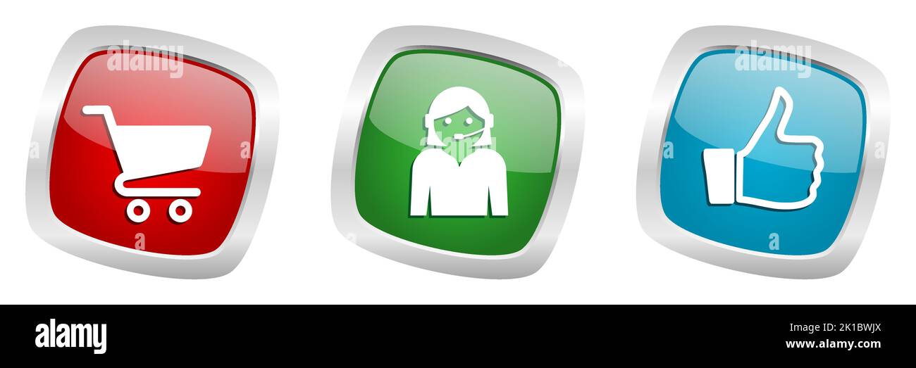 Shop vector icons, shopping cart, customer service and thumb up silver ...