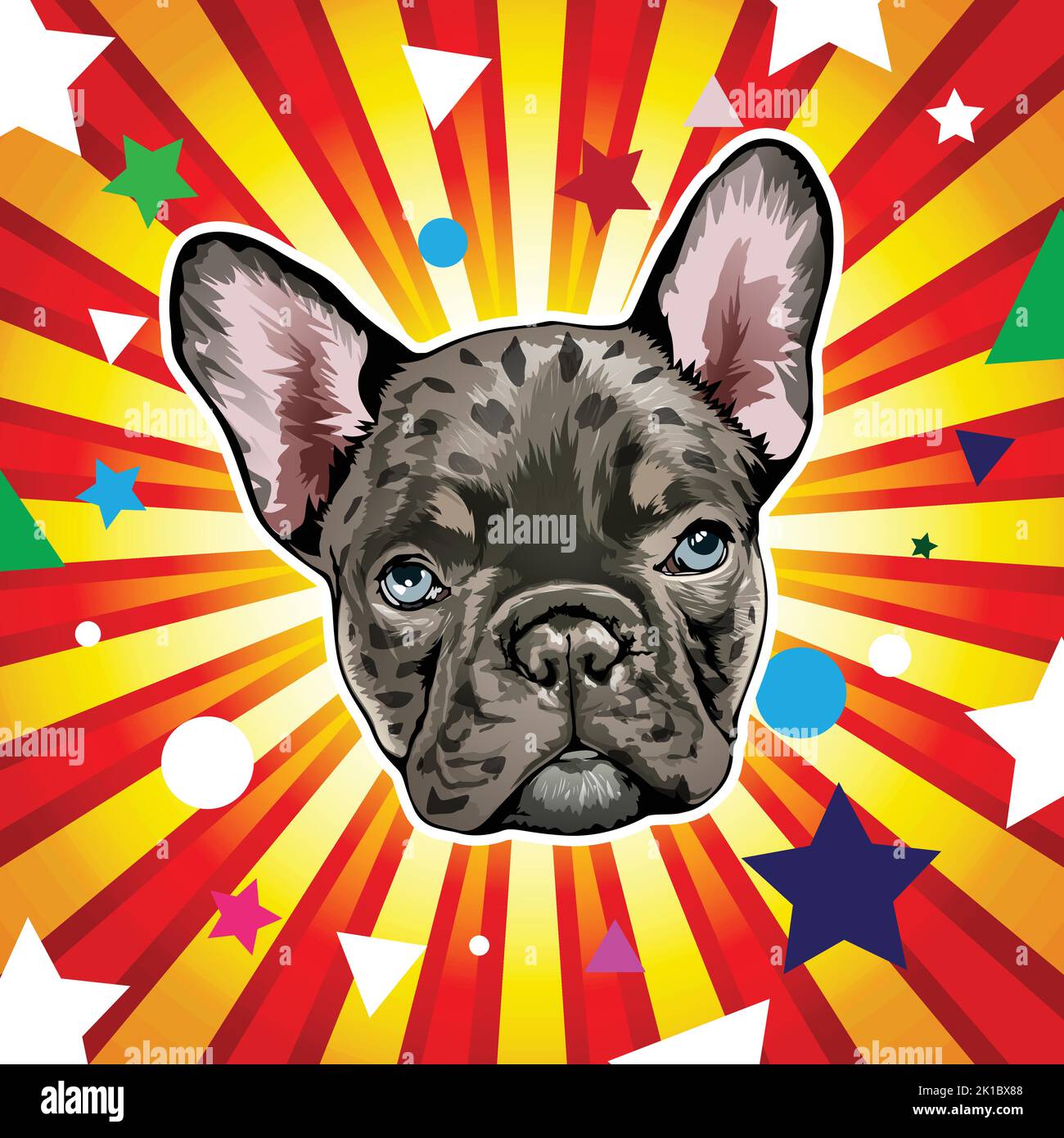 A cute digital illustration of a dog face on a bright comic background ...