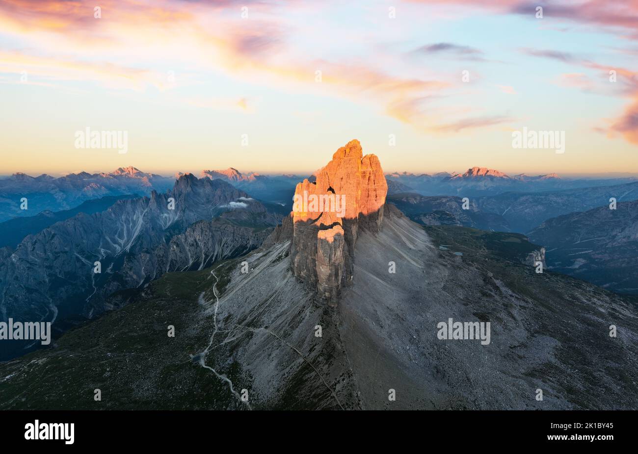 View from above, stunning aerial view of the Three Peaks of Lavaredo ...