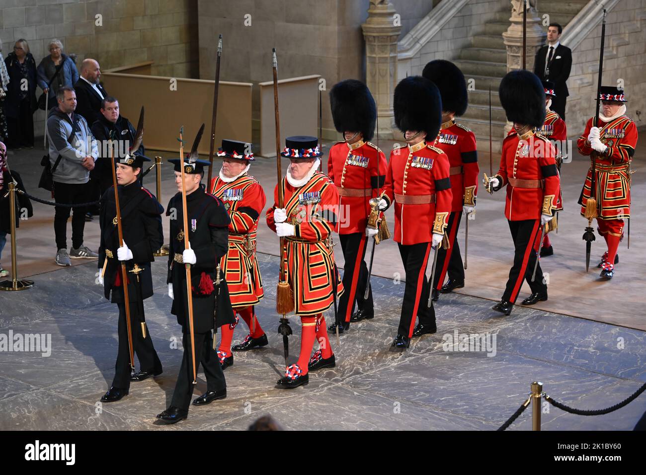 The guard changes at the coffin of Queen Elizabeth II, draped in the ...