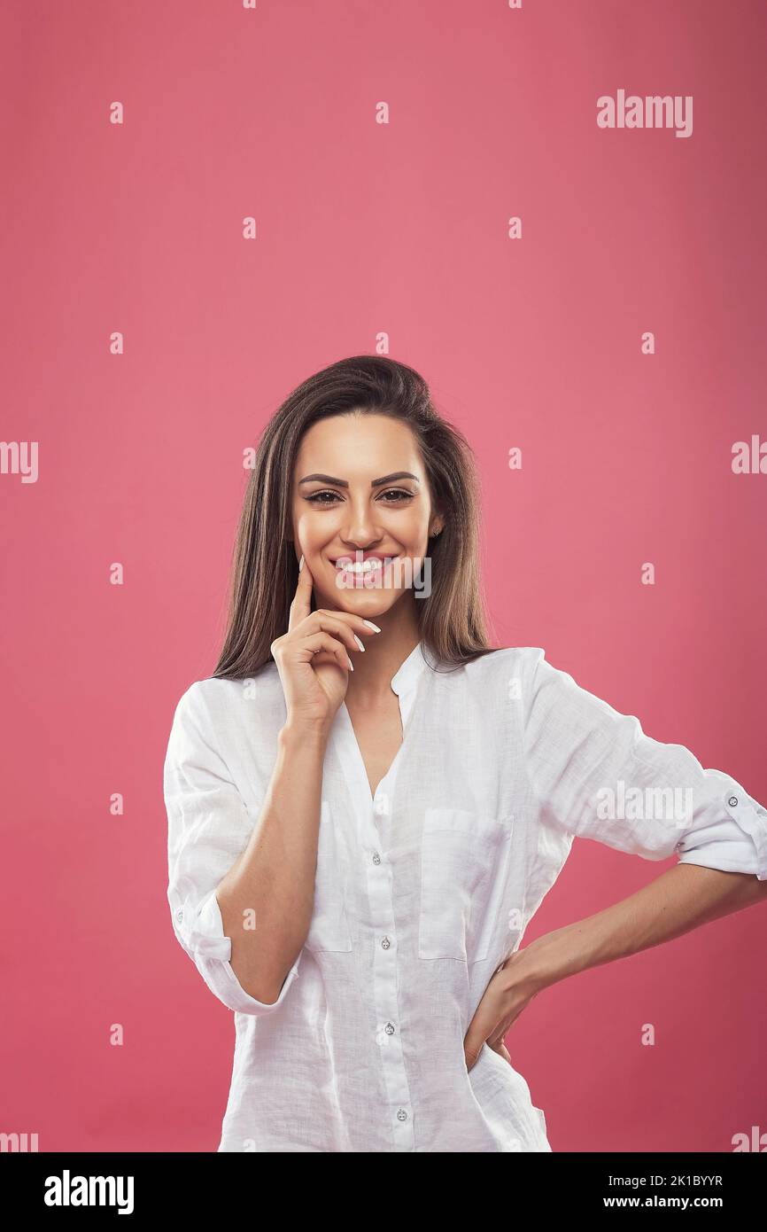 Portrait of dream dreamy nice pretty cute lady youth people touch chin ...