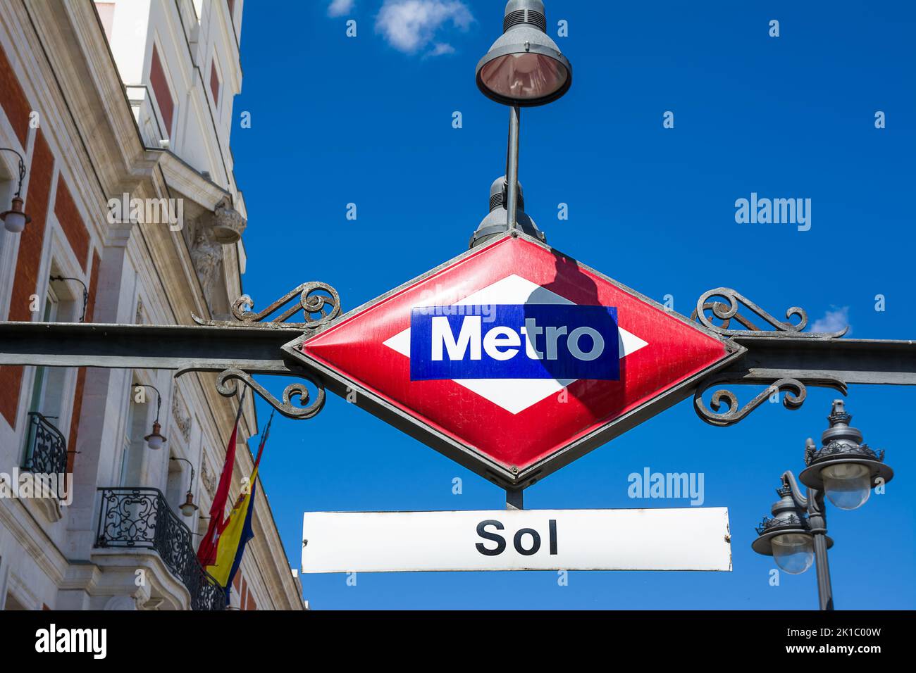 Sign at the entrance to the Metro at the stop in Plaza del Sol in ...