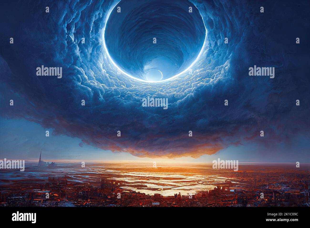 Hurricane of fire on the city streets. 3D digital illustration of ...