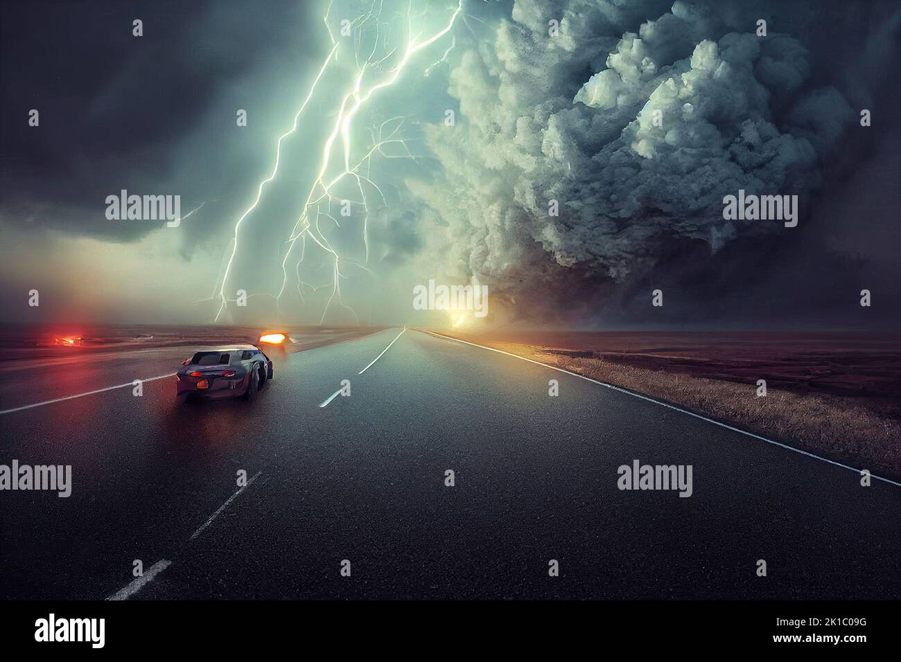 A hurricane tornado or typhoon rages down a city street, destroying ...