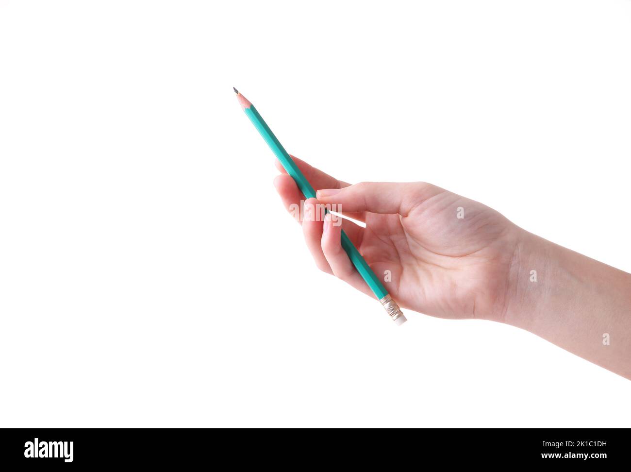 Female hand with pencil isolated on white background, clipping path ...