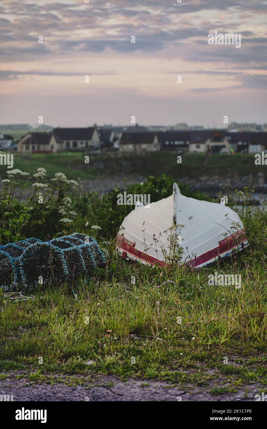 A vertical shot of a turned over white boat laying on the soft green ...