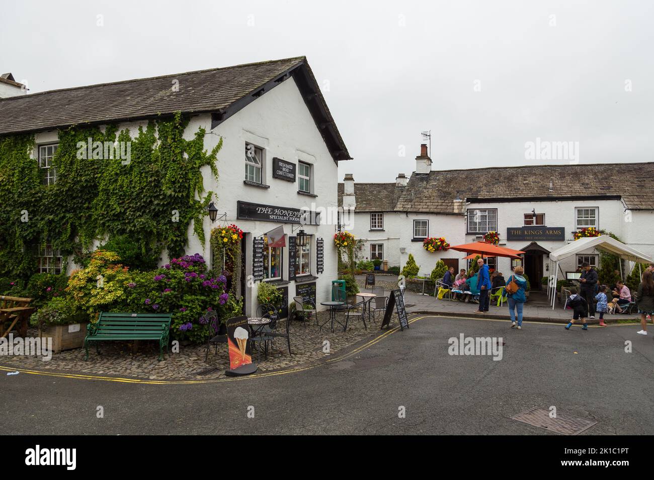 Hawkshead, Cumbria, UK, 15 August 2018 - Facade of a white buildings in ...
