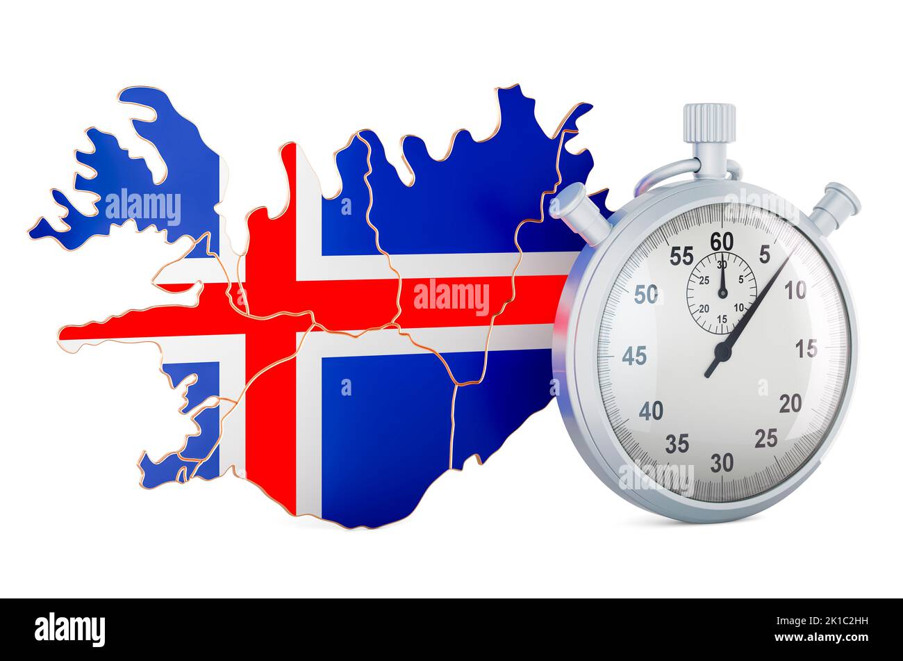 Icelandic map with stopwatch, 3D rendering isolated on white background ...
