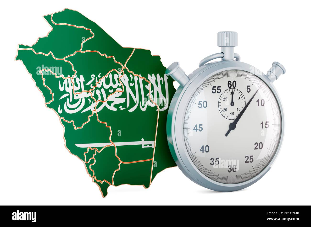 Saudi Arabian map with stopwatch, 3D rendering isolated on white ...