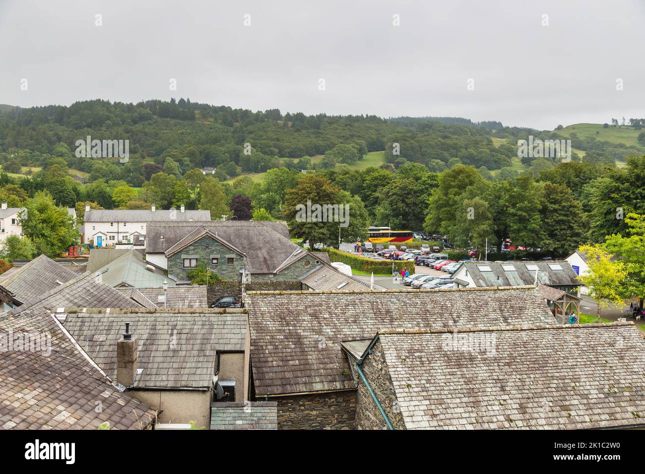 Hawkshead, Cumbria, UK, 15 August 2018 - Facade and roofs of a stone ...