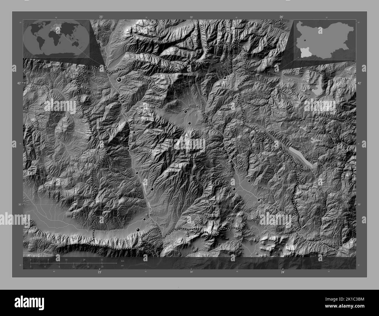 Blagoevgrad, province of Bulgaria. Bilevel elevation map with lakes and ...