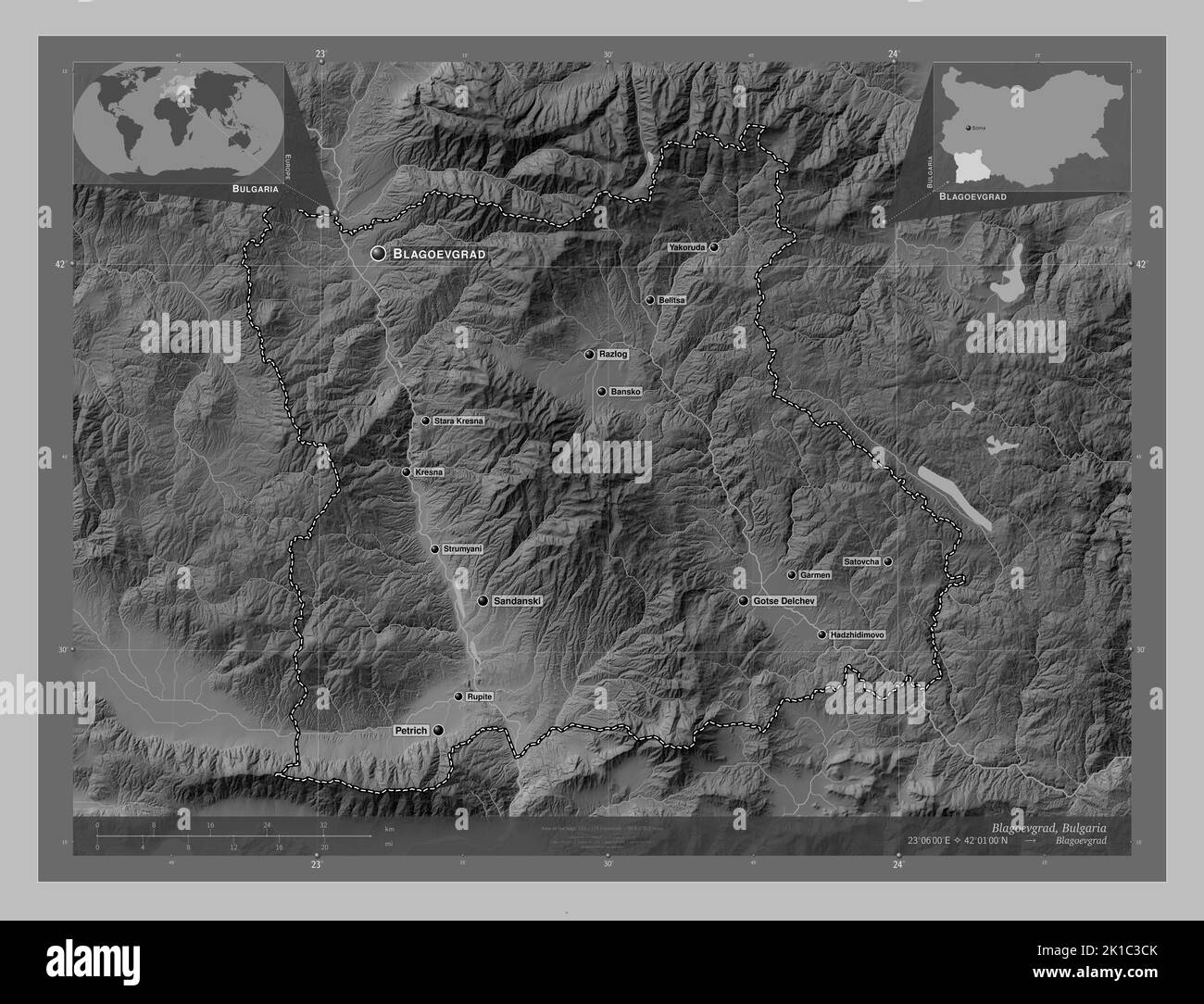 Blagoevgrad, province of Bulgaria. Grayscale elevation map with lakes ...