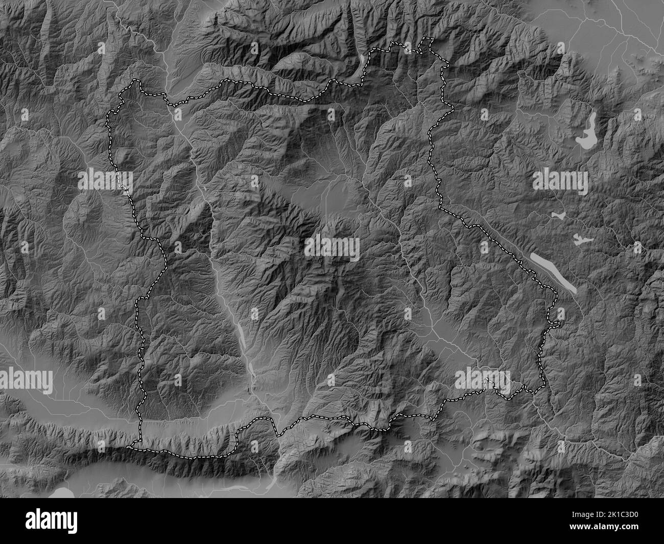 Blagoevgrad, province of Bulgaria. Grayscale elevation map with lakes ...