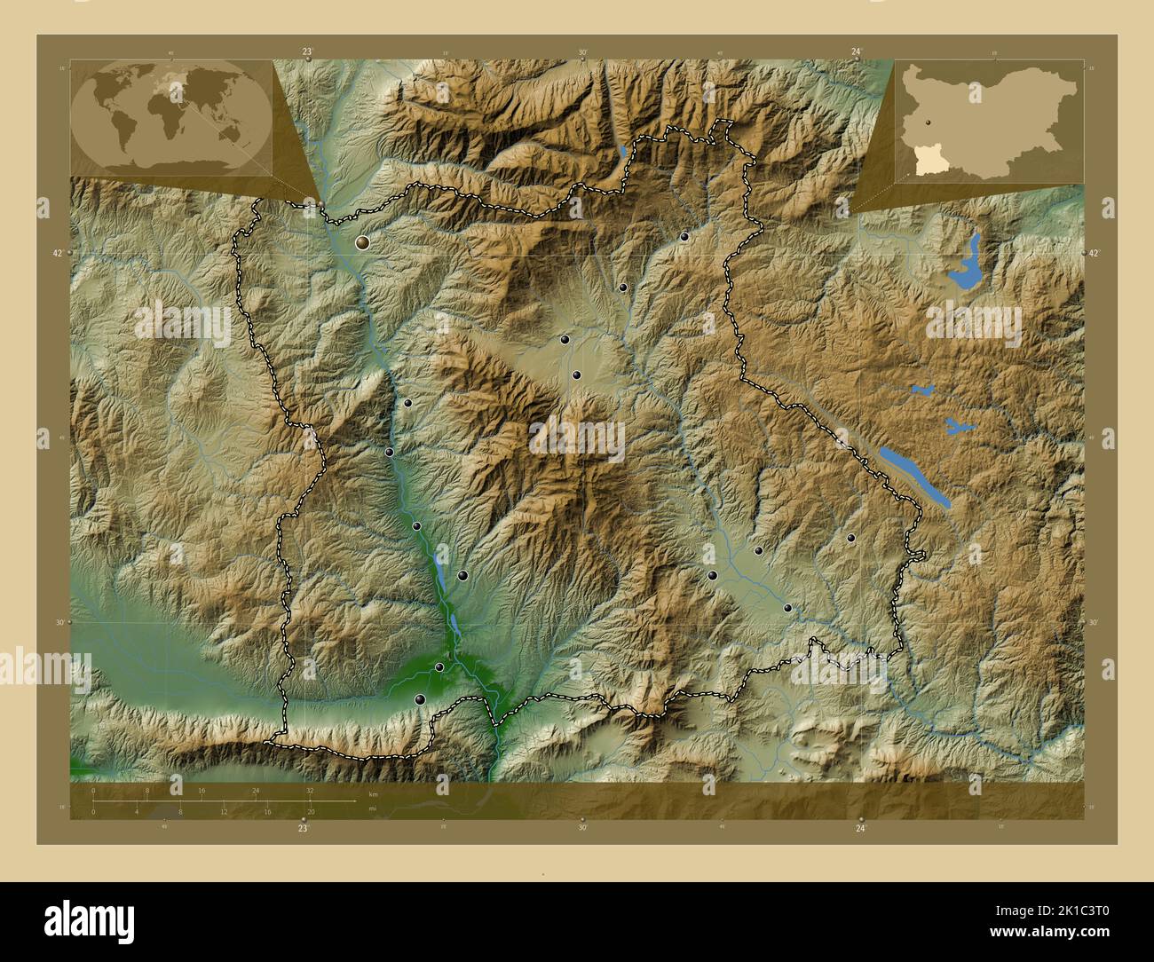 Blagoevgrad, province of Bulgaria. Colored elevation map with lakes and ...