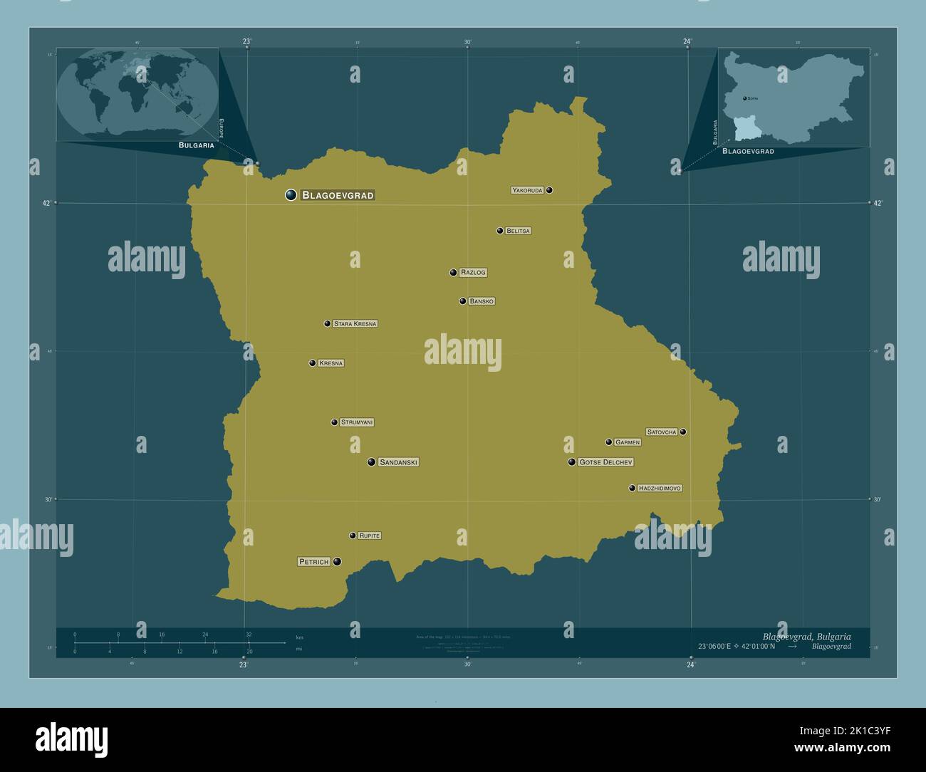 Blagoevgrad, province of Bulgaria. Solid color shape. Locations and ...