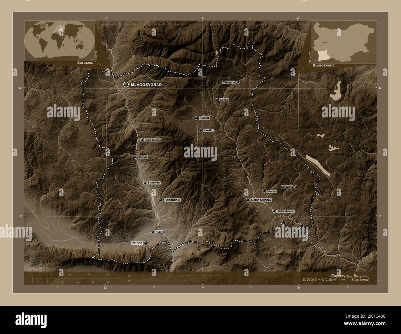 Blagoevgrad, province of Bulgaria. Elevation map colored in sepia tones ...