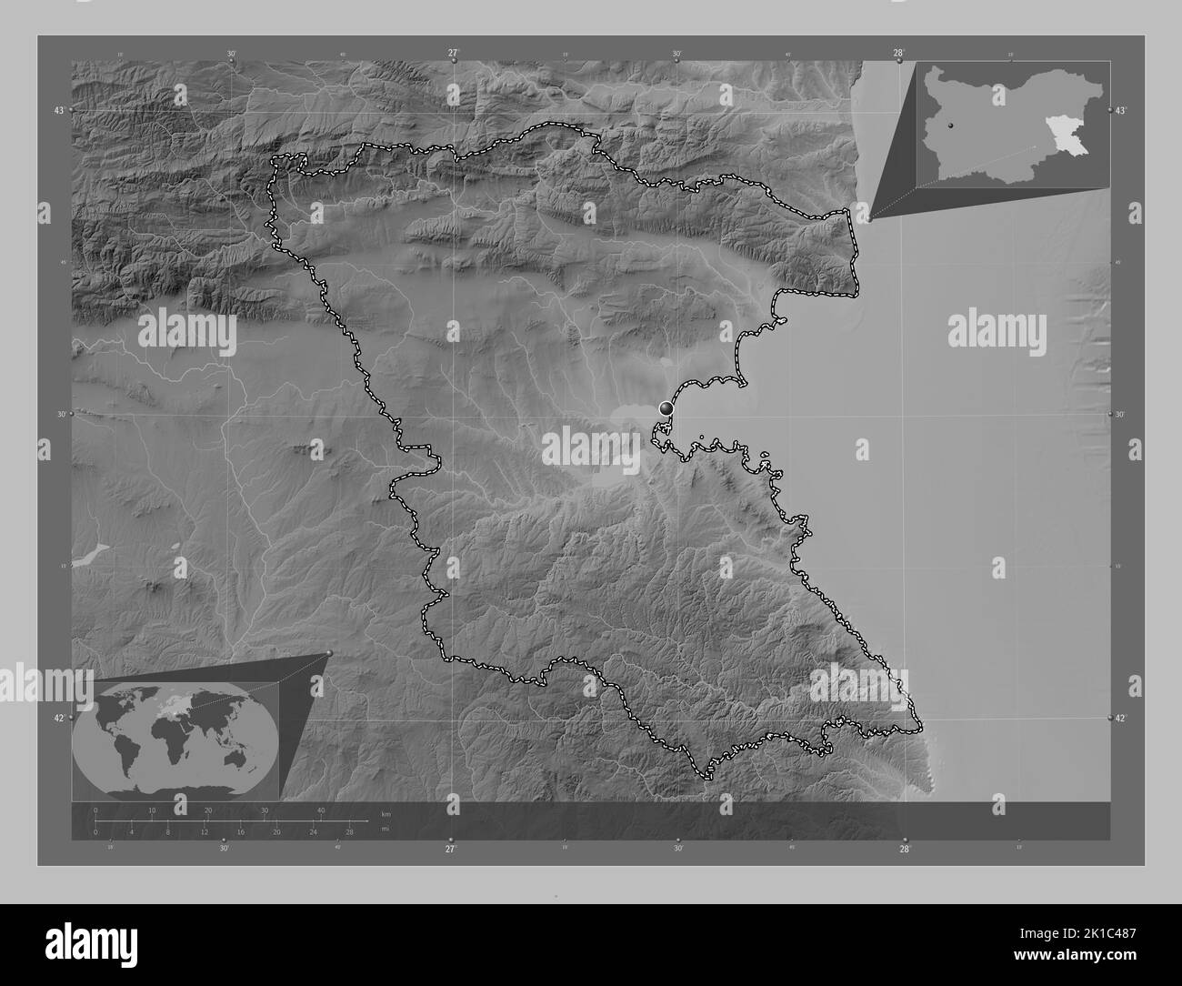Burgas, province of Bulgaria. Grayscale elevation map with lakes and ...