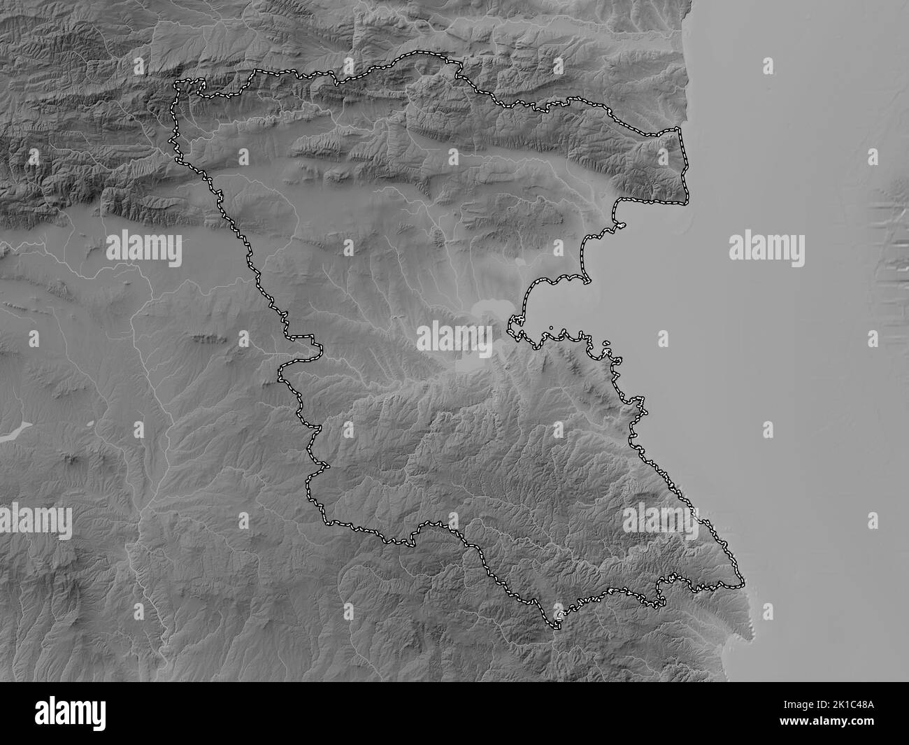 Burgas, province of Bulgaria. Grayscale elevation map with lakes and ...