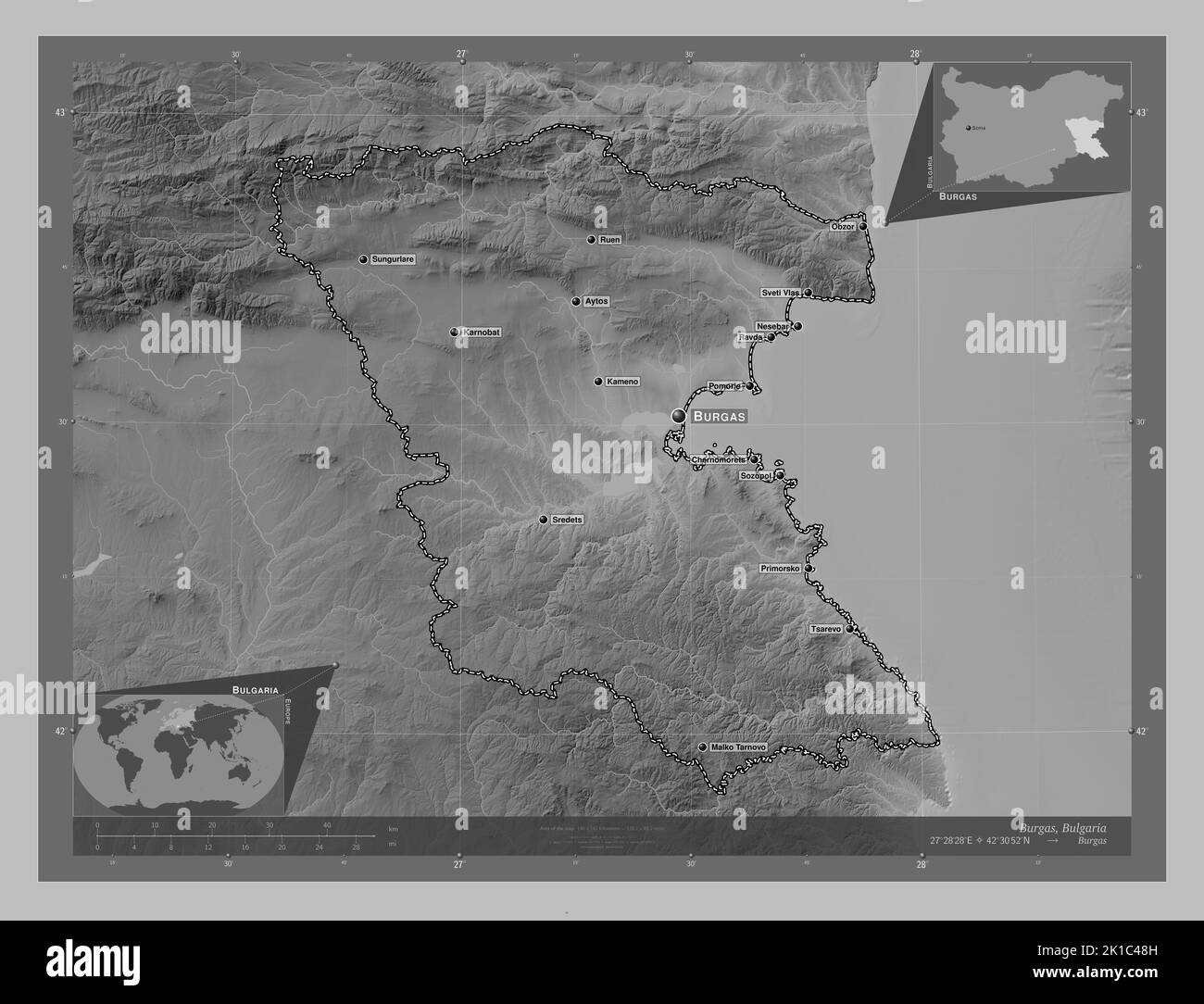Burgas, province of Bulgaria. Grayscale elevation map with lakes and ...