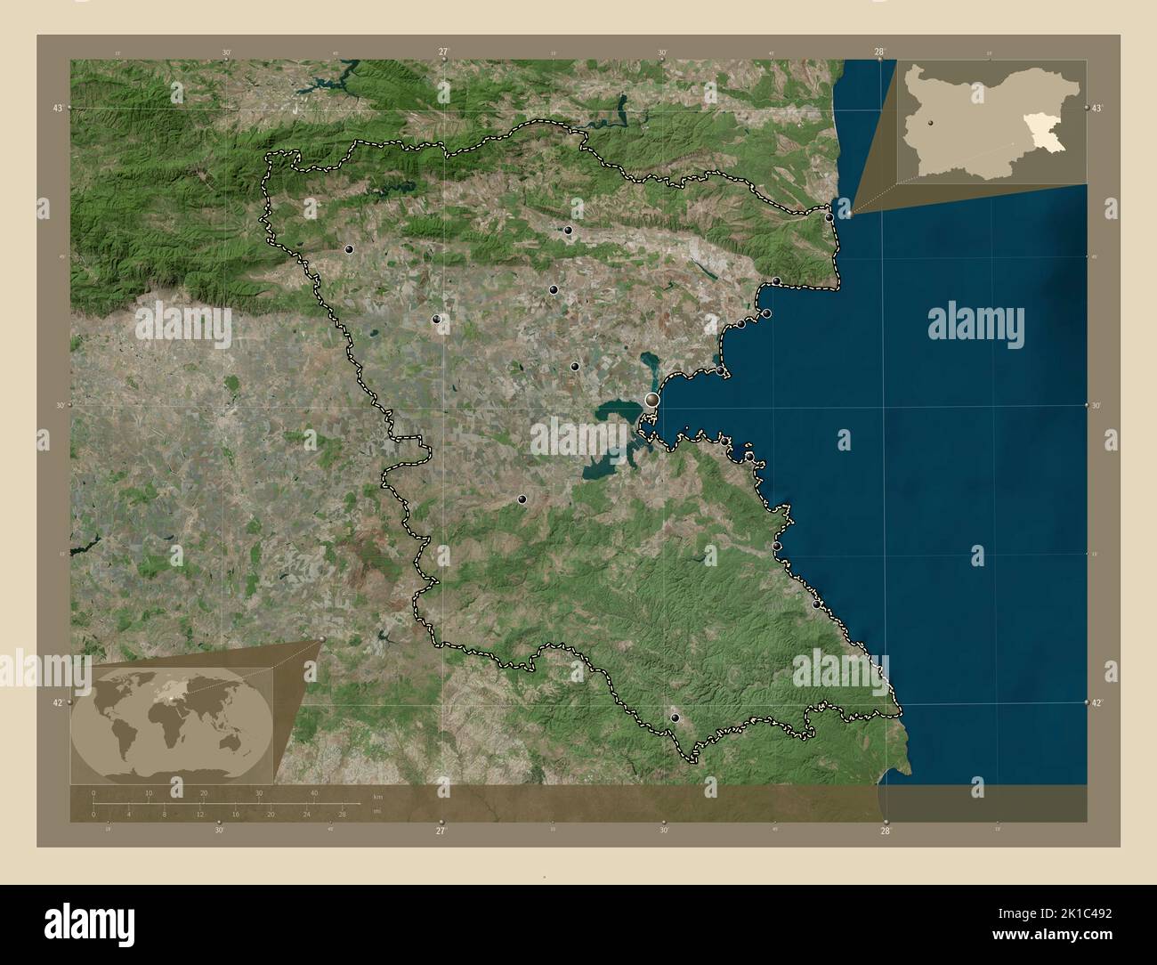 Burgas, province of Bulgaria. High resolution satellite map. Locations ...