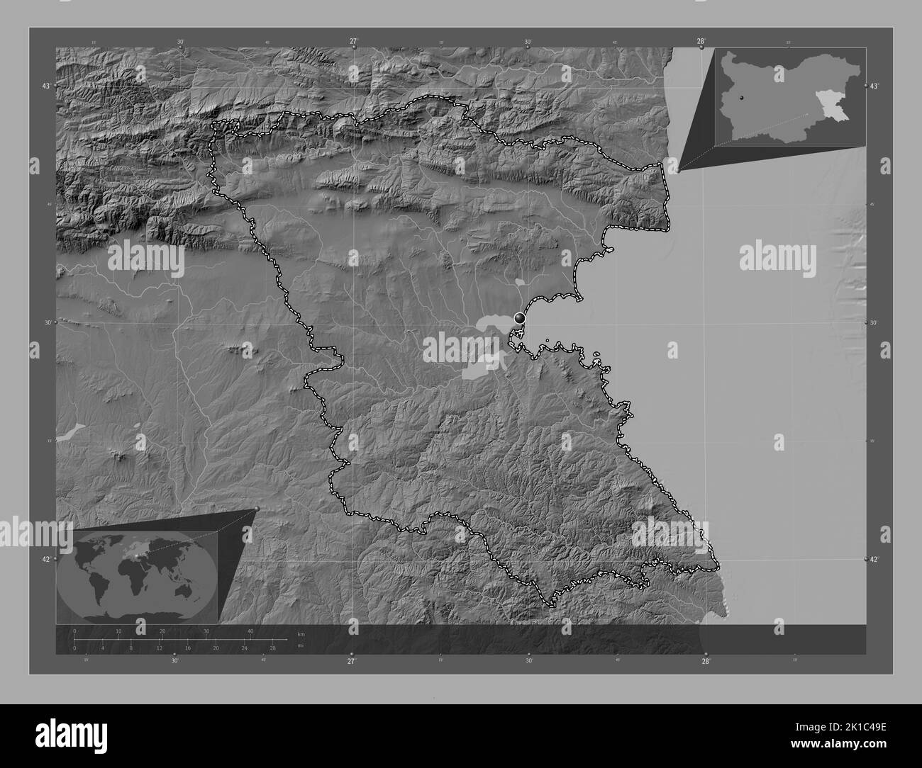 Burgas, province of Bulgaria. Bilevel elevation map with lakes and ...