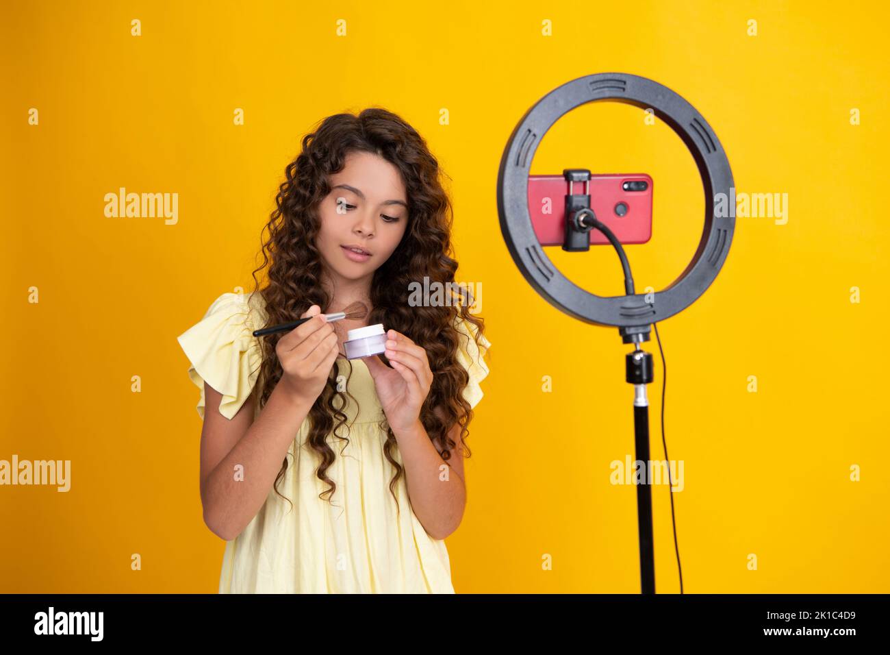Teenage girl blogger making video, child vlogger influencer record ...