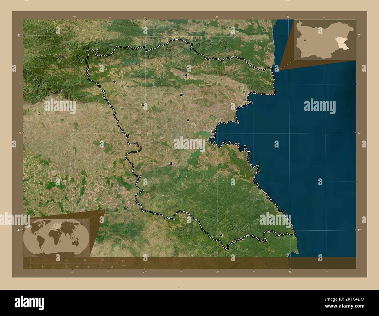 Burgas, province of Bulgaria. Low resolution satellite map. Locations ...