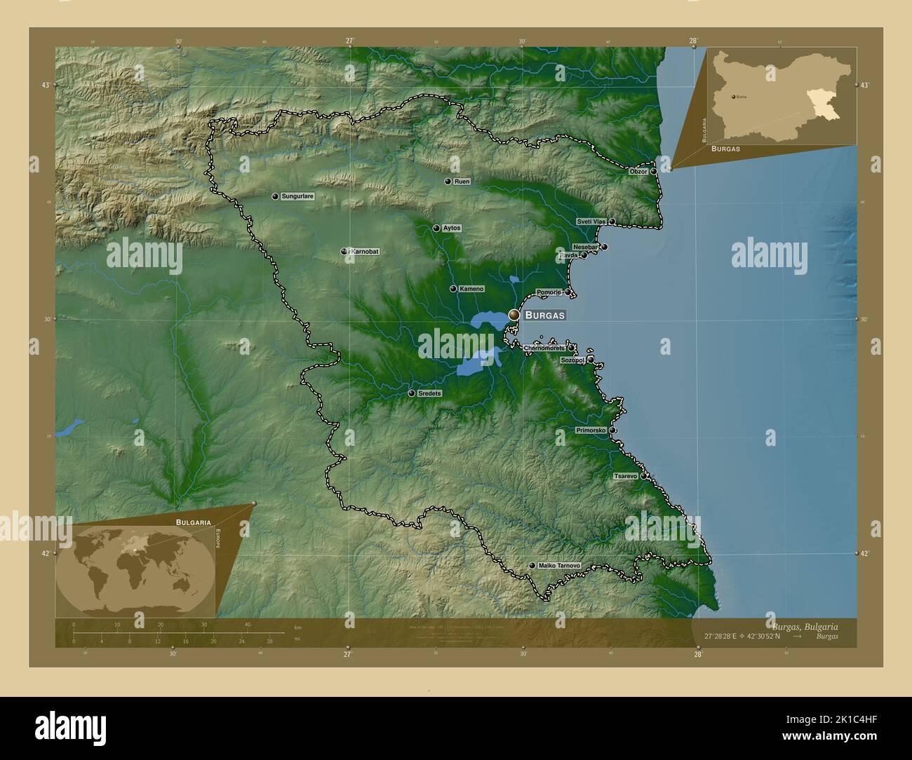 Burgas, province of Bulgaria. Colored elevation map with lakes and ...