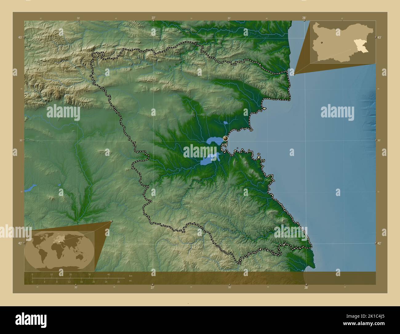 Burgas, province of Bulgaria. Colored elevation map with lakes and ...