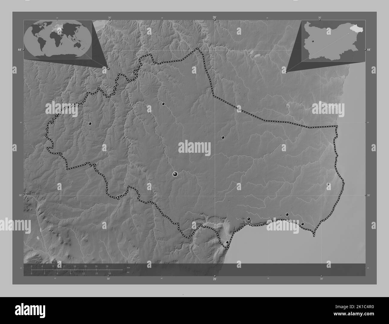 Dobrich, province of Bulgaria. Grayscale elevation map with lakes and ...